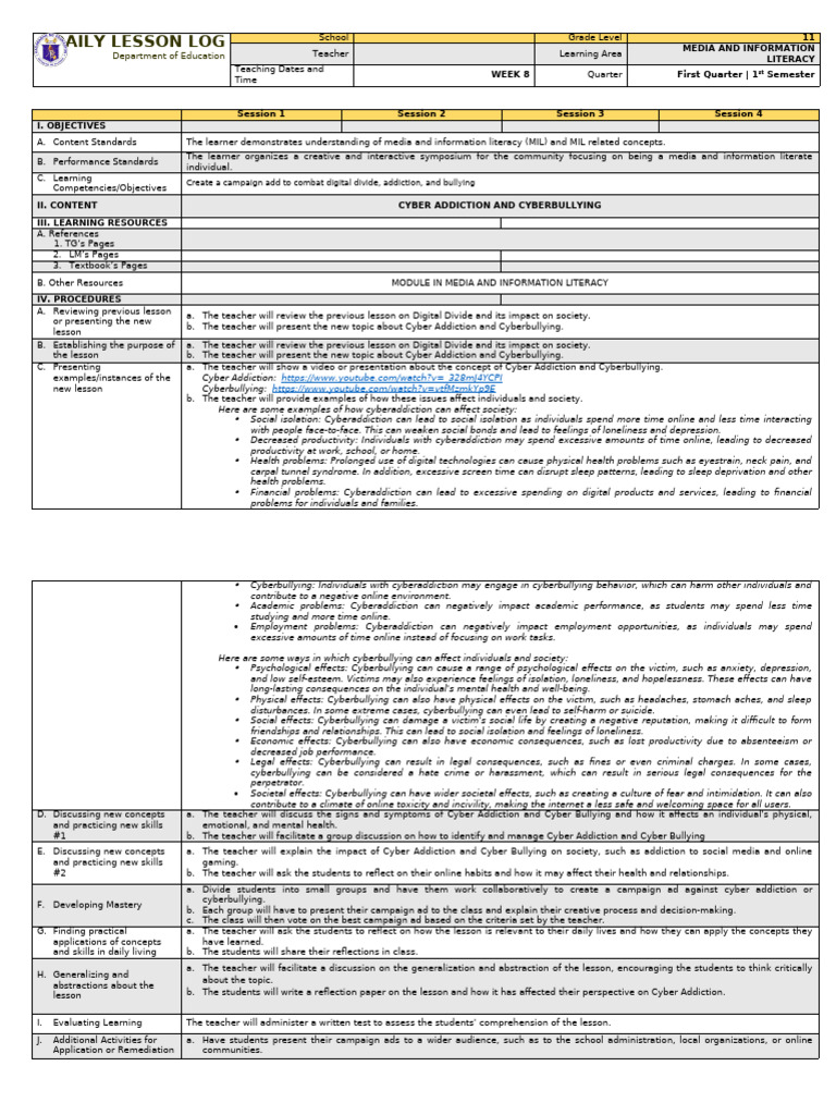dll MIL Q1 QUARTER 1 WEEK 8 | PDF | Cyberbullying | Teachers