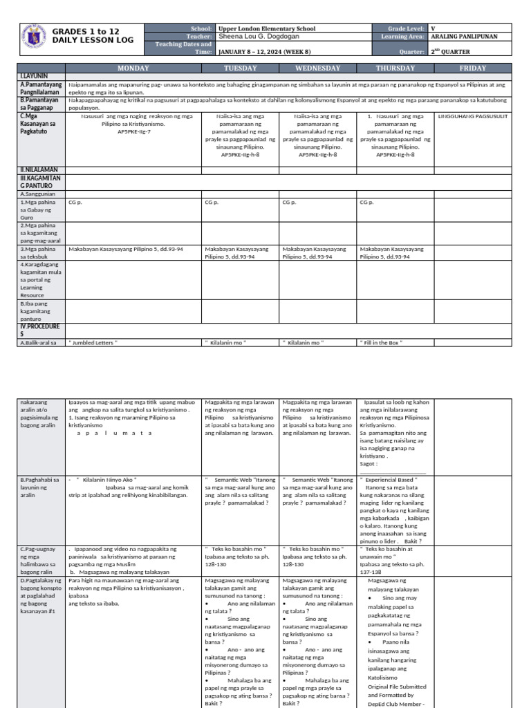 DLL - Araling Panlipunan 5 - Q2 - W8 | PDF