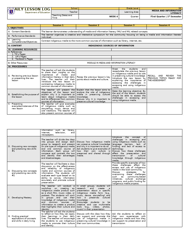 DLL MIL QUARTER 1 WEEK 4 | PDF | Teachers | Learning