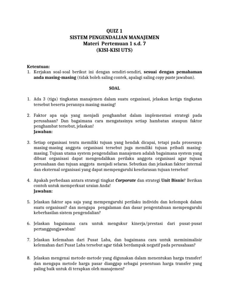 SOAL Dan QUIZ SPM - KISI-KISI UTS (Materi Pertemuan 1-7) | PDF