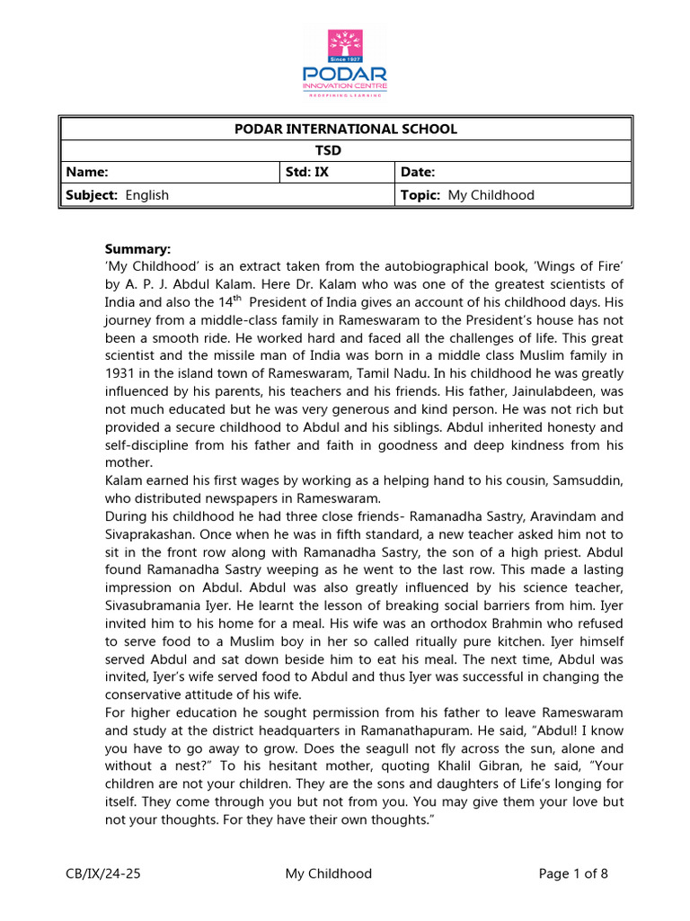 1731410167685.TSD IX CB Eng Prose My Childhood | PDF