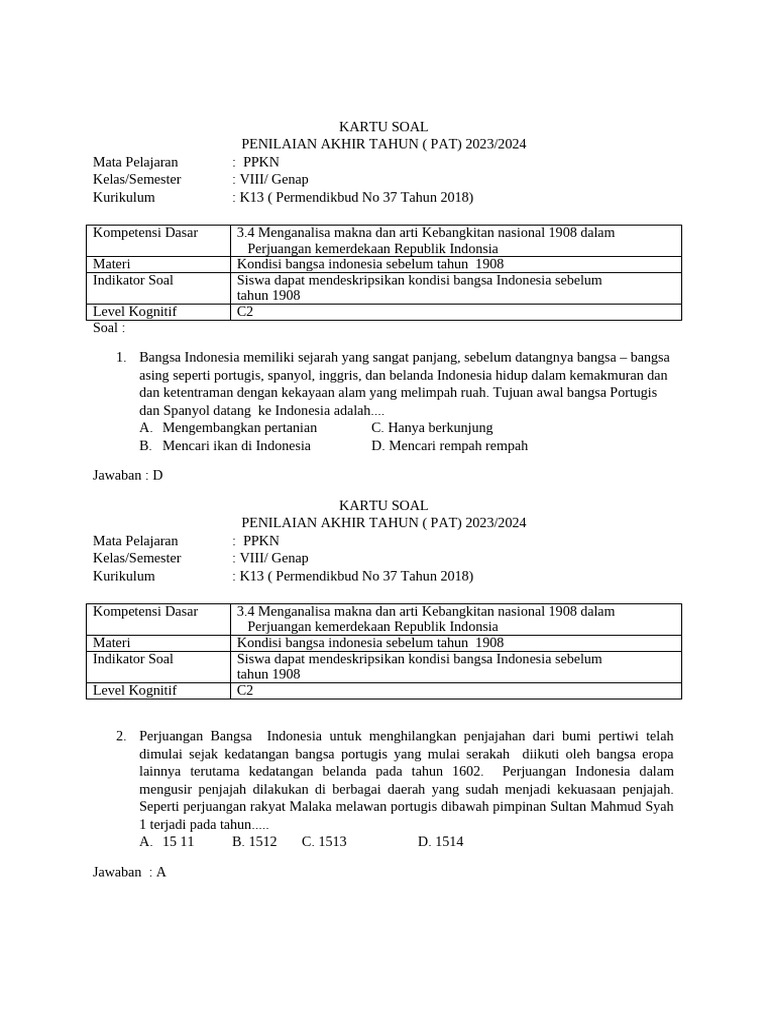 Kartu Soal Pat Pkn Kls 8 | PDF