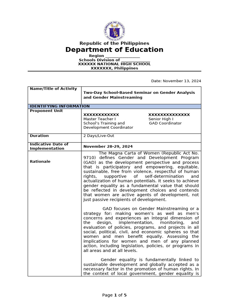 GAD L and D Proposal or Training Design | PDF | Gender Mainstreaming ...