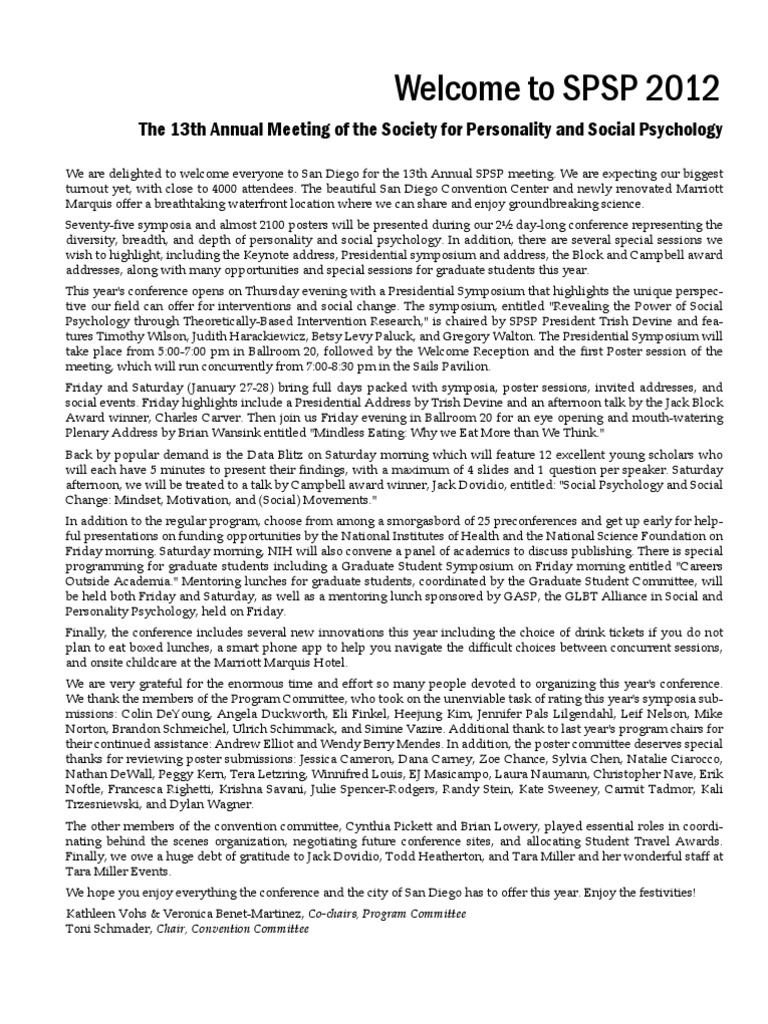 SPSP 2012 Program | PDF | National Institutes Of Health | Attitude ...