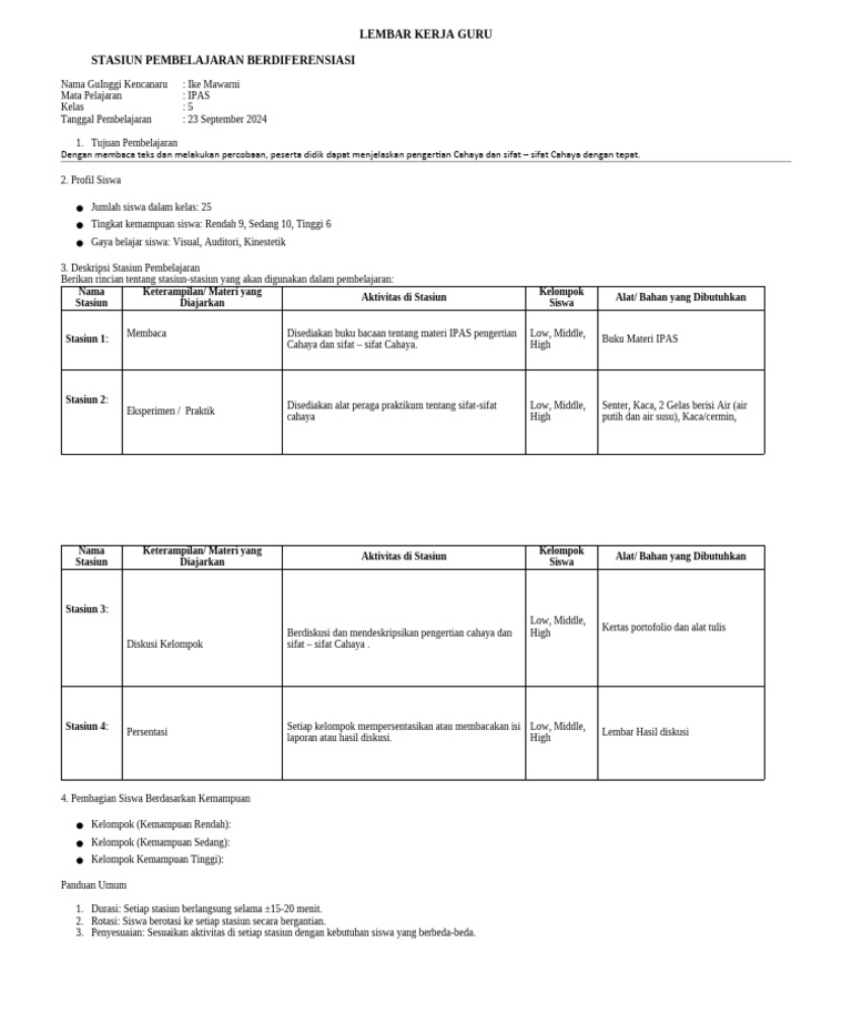 Tugas Lembar Kerja Guru Berdiferensiasi BNH | PDF