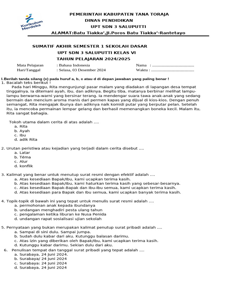 Soal Ujian Bahasa Indonesia Kelas VI | PDF
