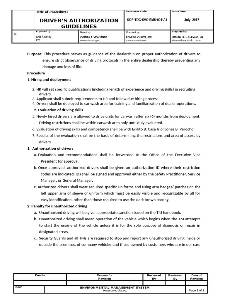 SOP Drivers Authorization | PDF