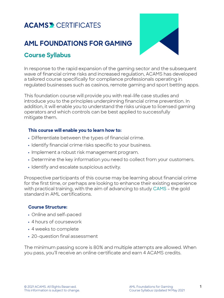 AML Foundations for Gaming Course Overview | PDF | Business
