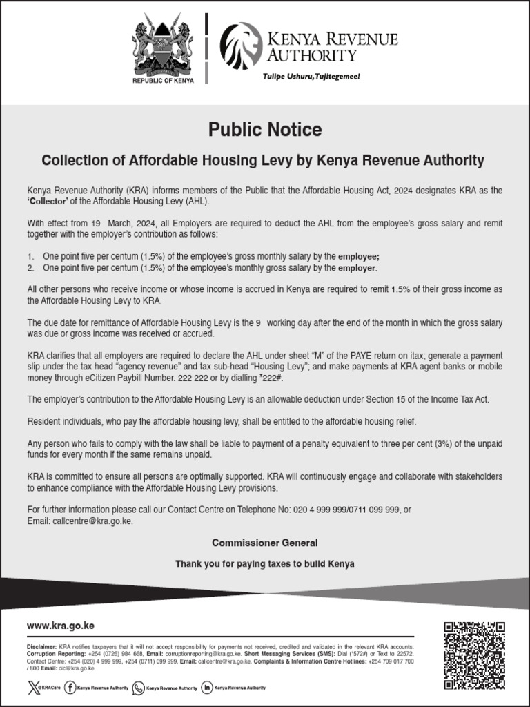 KRA Notice: Affordable Housing Levy Details | PDF | Taxes | Public Finance