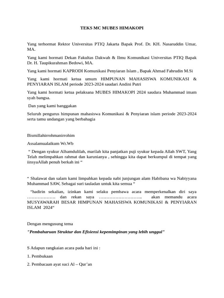 Teks MC Mubes Himakopi | PDF