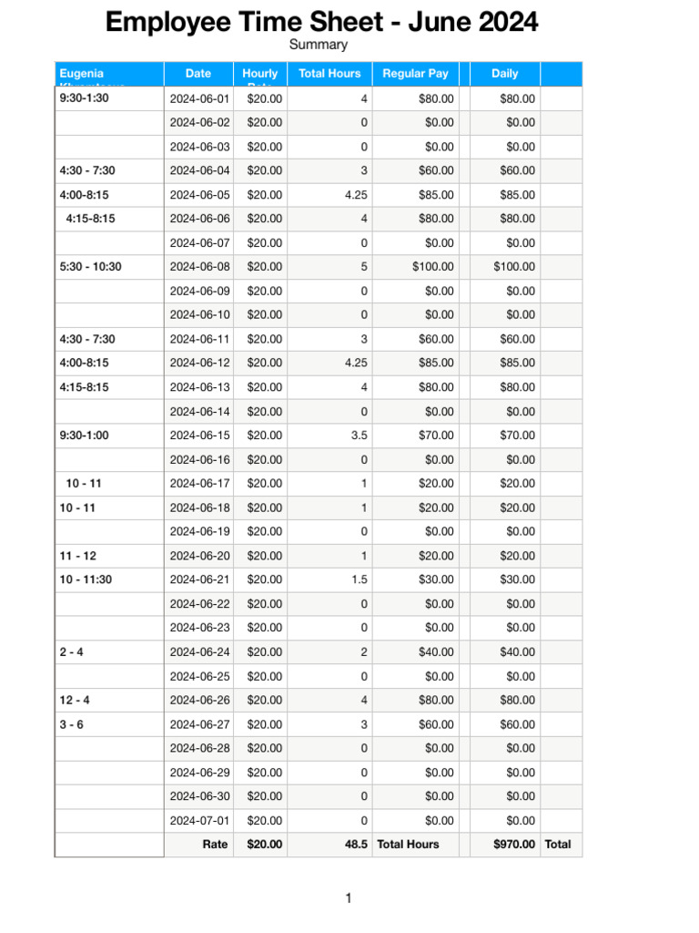 Time Sheet Eugenia June 2024 | PDF | Labor Relations | Labor