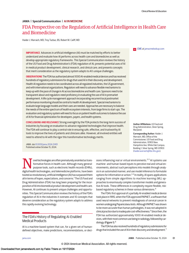 JAMA - FDA Perspective On The Regulation of AI. | PDF | Food And Drug ...