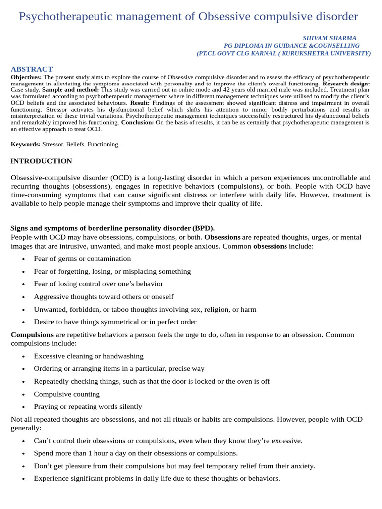 ocd paper patient m | PDF | Obsessive–Compulsive Disorder | Dialectical ...