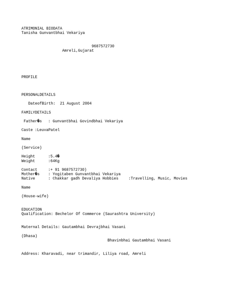 Tanisha Matrimonial Bio-Data | PDF