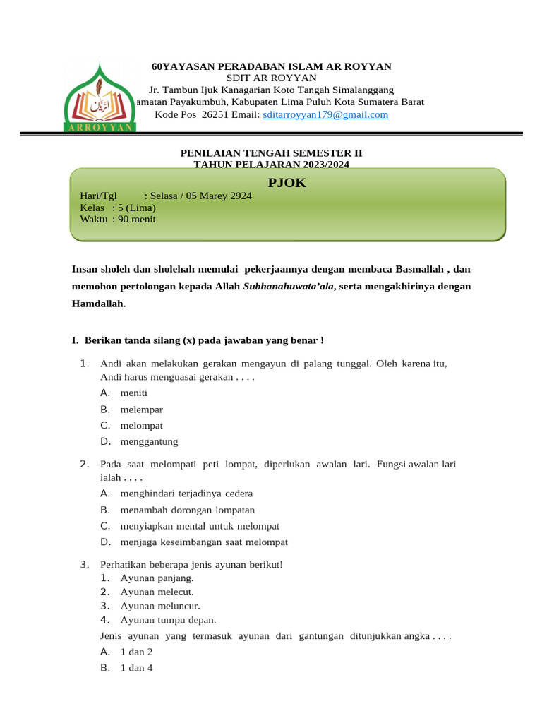 Penilaian Tengah Semester PJOK Kelas 5 | PDF