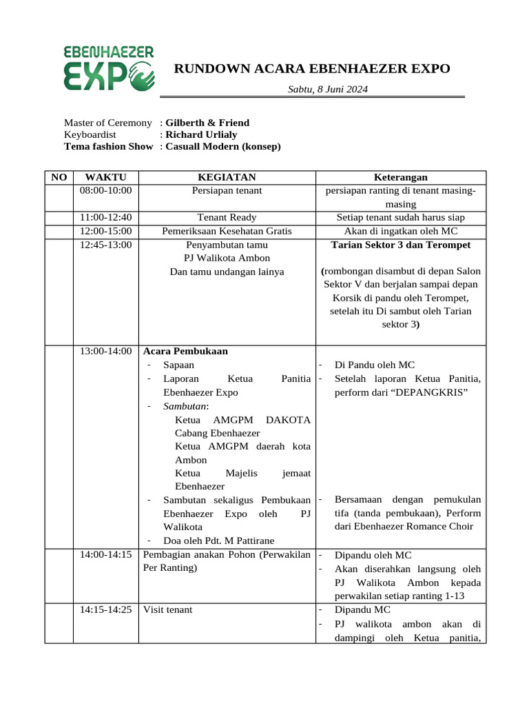 Rundown Acara Ebenhaezer Expo 2024 | PDF