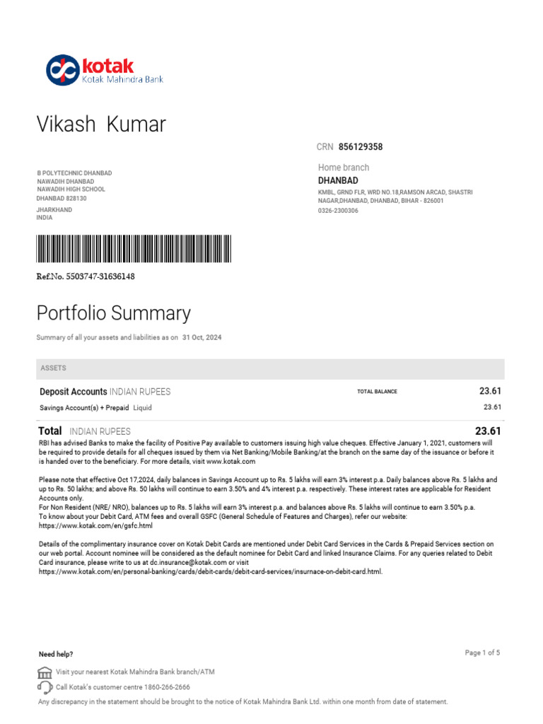 Vikash Kumar: Portfolio Summary | PDF | Banks | Payments