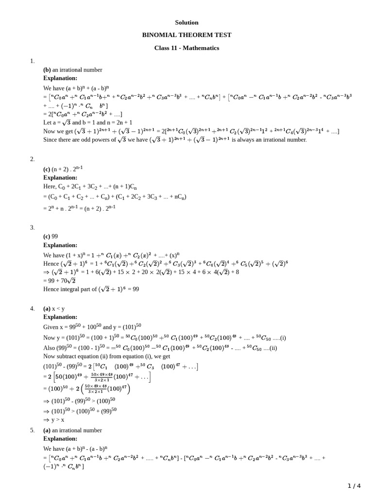 Binomial Theorem Test for Class 11 | PDF | Mathematics | Elementary ...