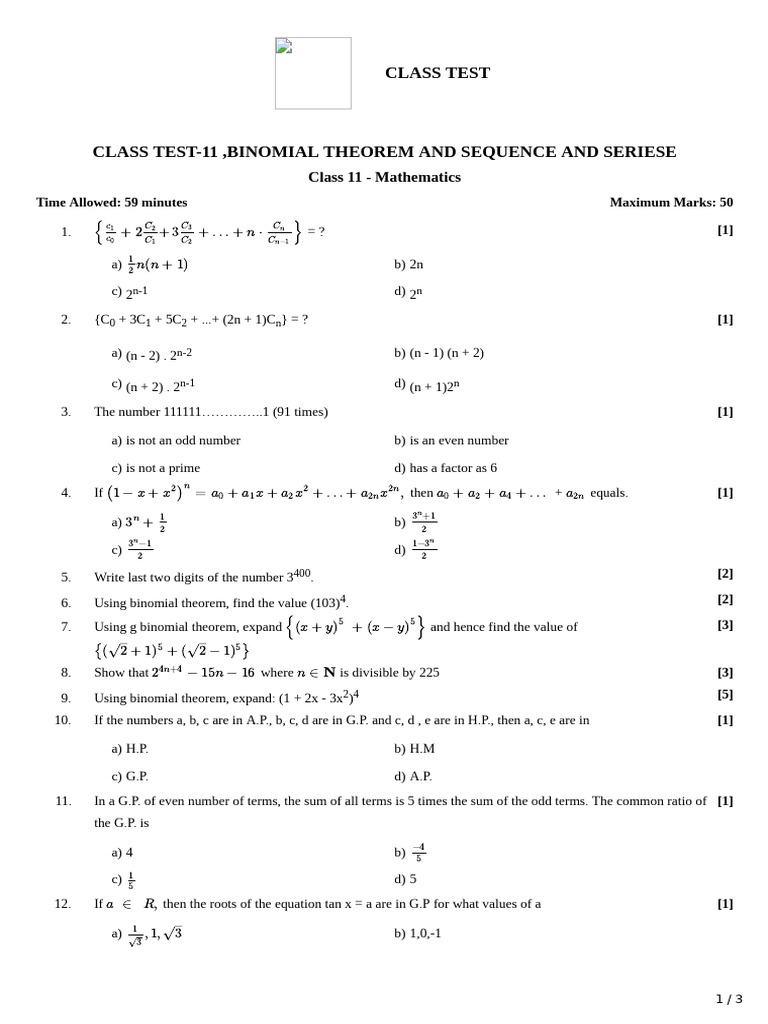 Test-11,Binomial and Sequence | PDF | Area | Arithmetic