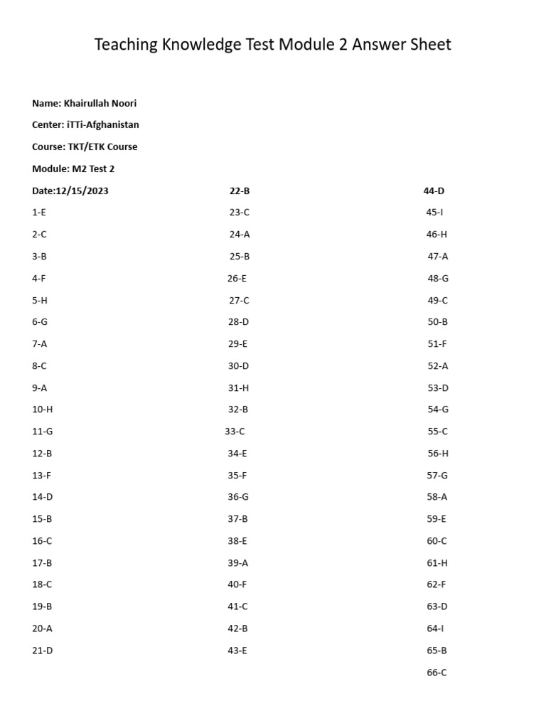 TKT Answer Sheets Module 2 Khairullah Noori | PDF