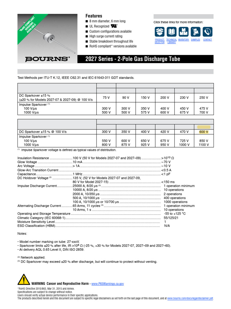 BOU 2027-60-BT1LF_GDT_Bourns | PDF | Electricity | Electrical Engineering