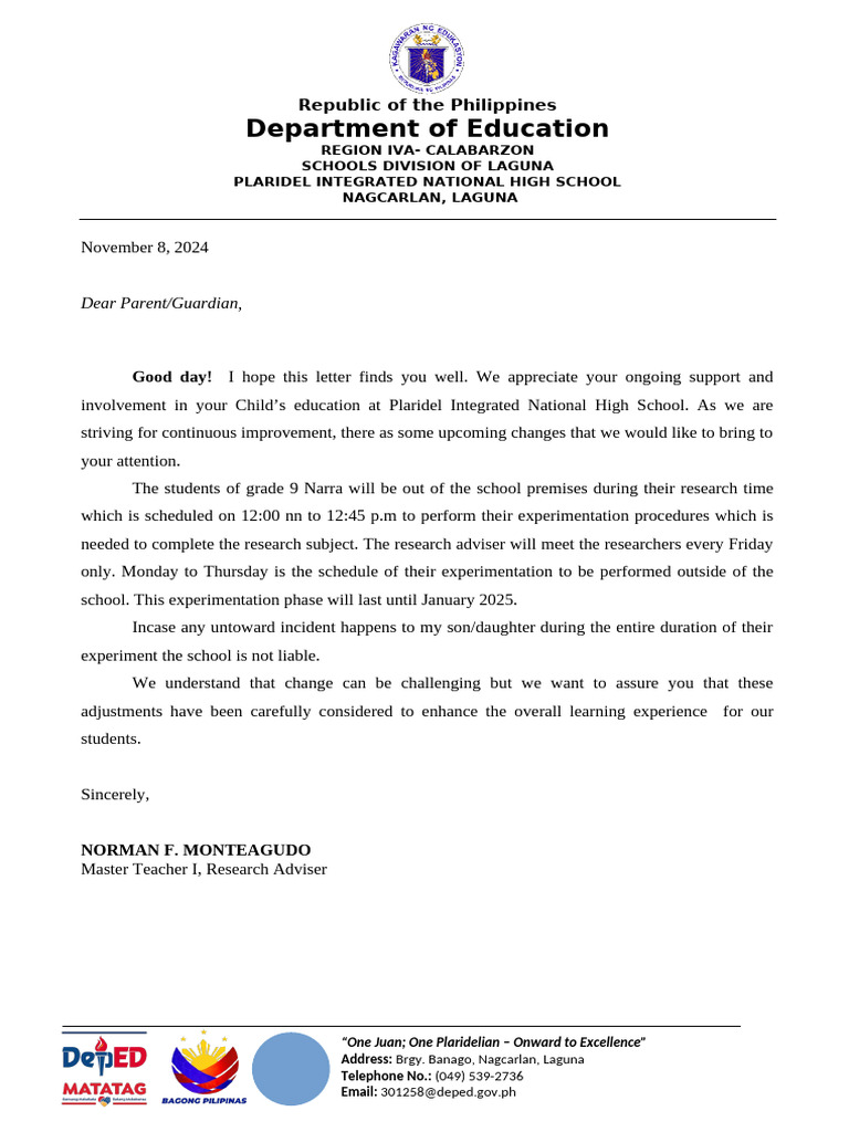 Letter To Parent Guardian. Experimentation | PDF