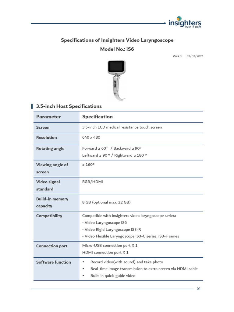Specifications of Insighters Video Laryngoscope Is6 | PDF | Hdmi | Video