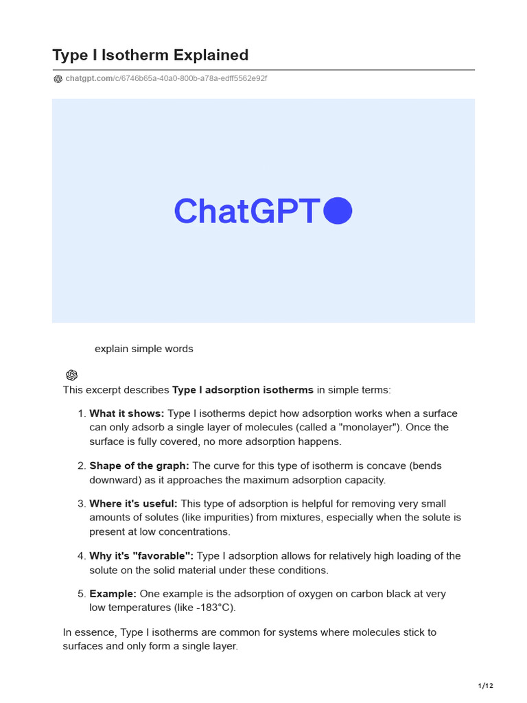 Type I Isotherm Explained | PDF | Adsorption | Physical Chemistry