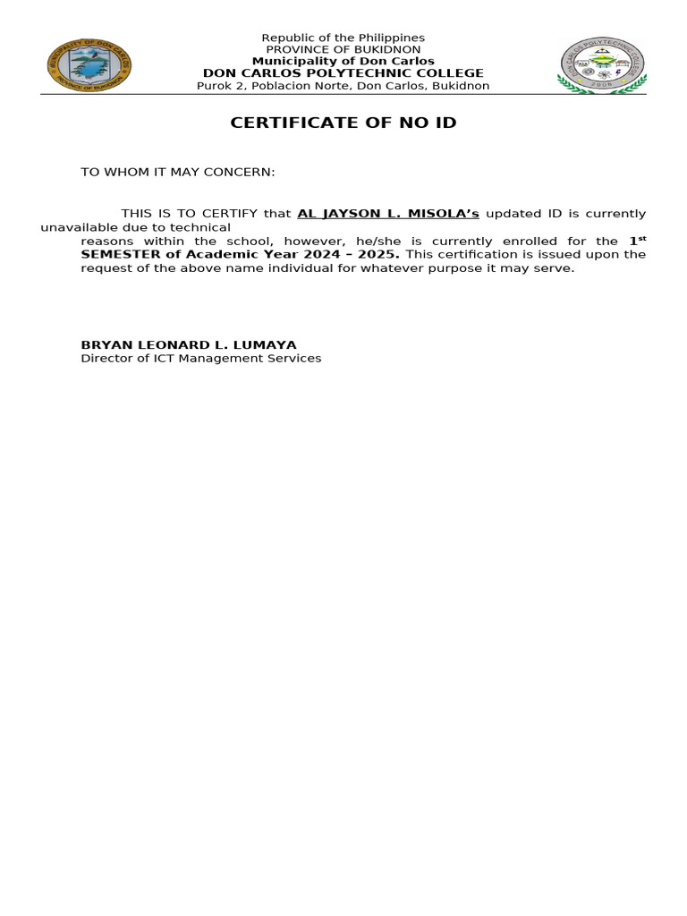 Certificate of No ID for Al Jayson Misola | PDF