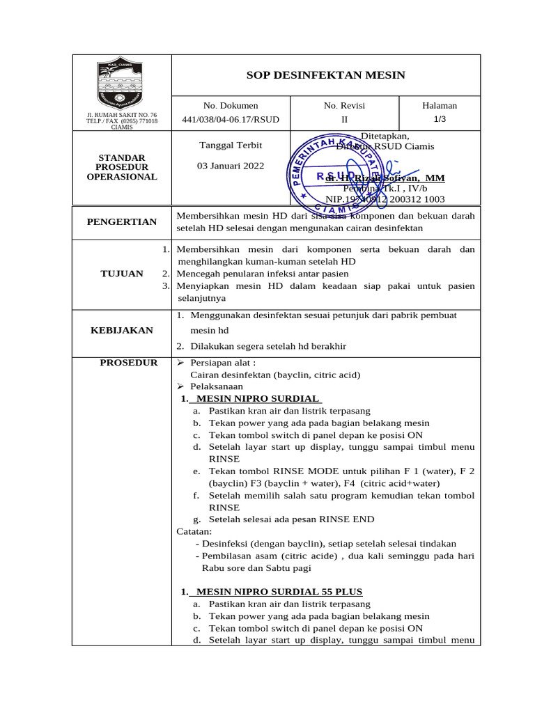 38 SOP DESINFEKTAN MESIN | PDF