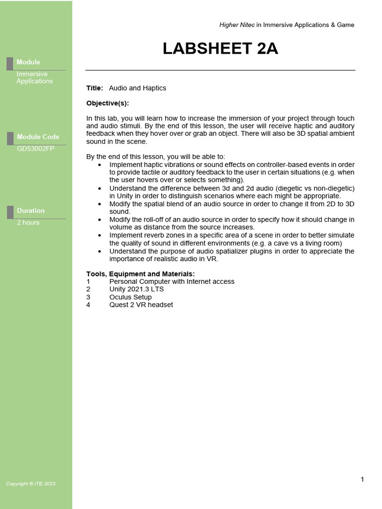 Lab 2A - Audio and Haptics | PDF | Virtual Reality | Human–Computer ...