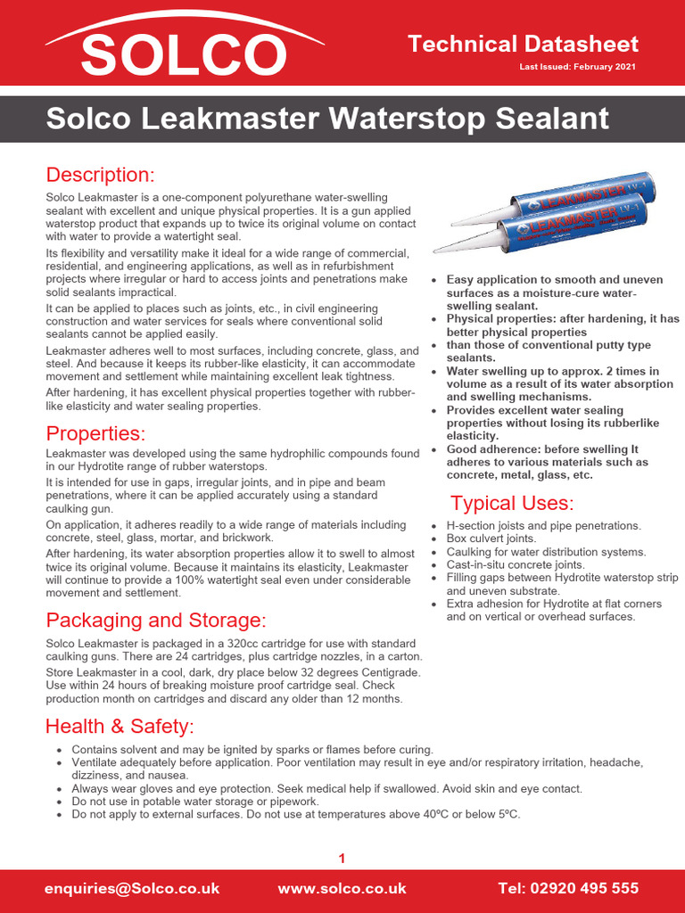Solco-Leakmaster-Waterstop-Sealant-TDS | PDF | Concrete | Materials