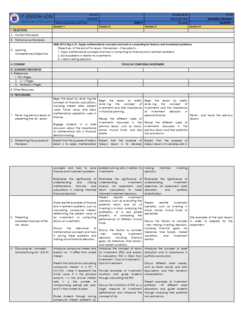 Business Finance Lesson Plan: Week 9 | PDF | Financial Risk | Investing