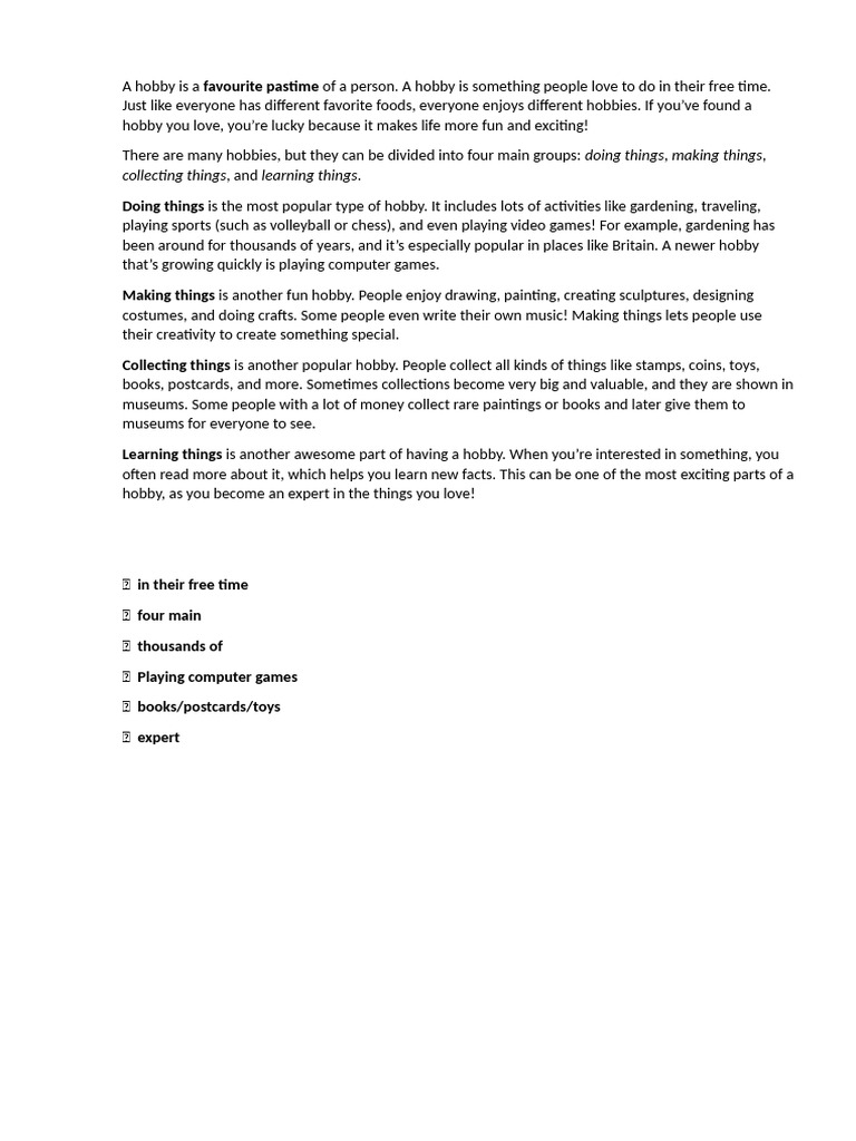 A hobby is a | PDF | Hobbies | Cognitive Science