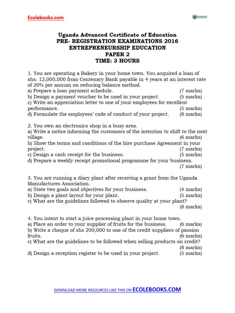 Uganda A-Level Entrepreneurship Exam | PDF | Debits And Credits ...