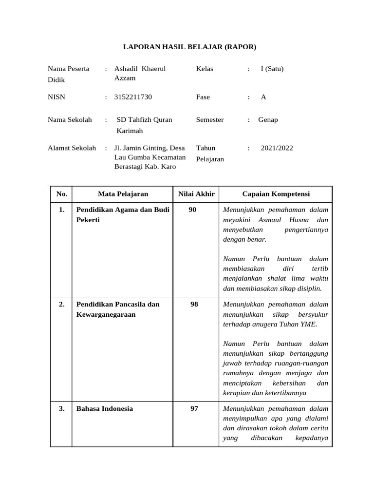 RAPORT ASHADIL DAN ALVIAN SEM2 | PDF