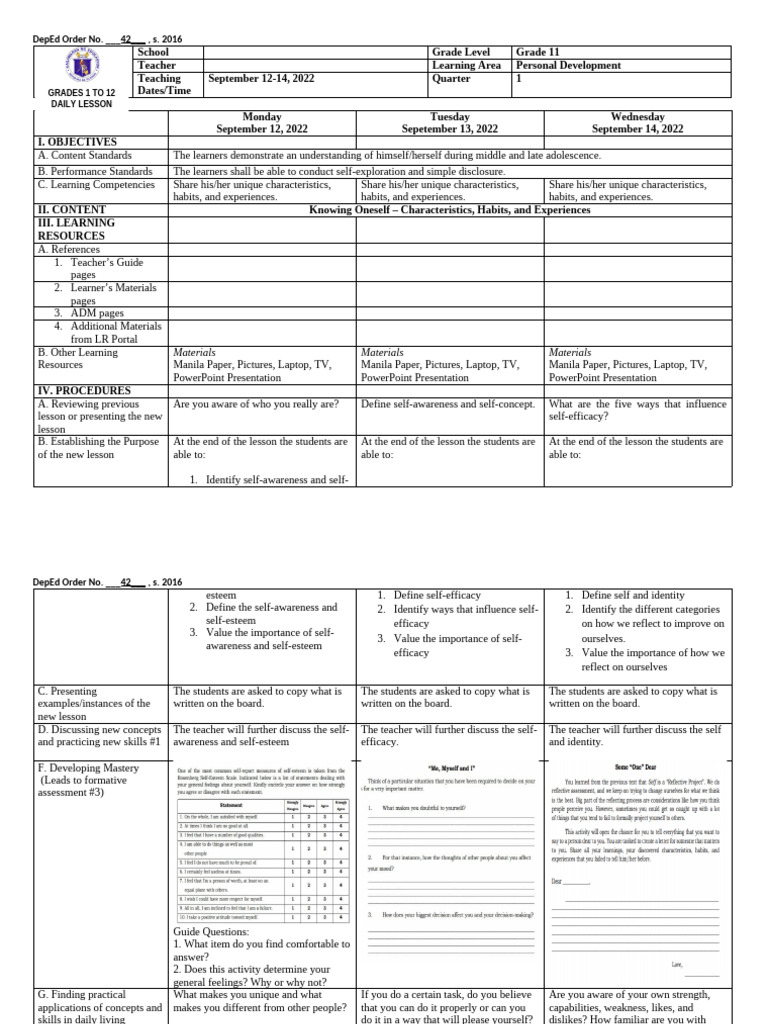 DLL PerDev week 2 | PDF | Self Esteem | Self Awareness