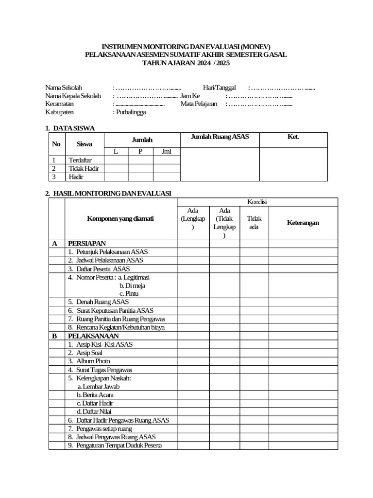 Instrumen Monitoring Dan Evaluasi Asas 2024-2025 | PDF