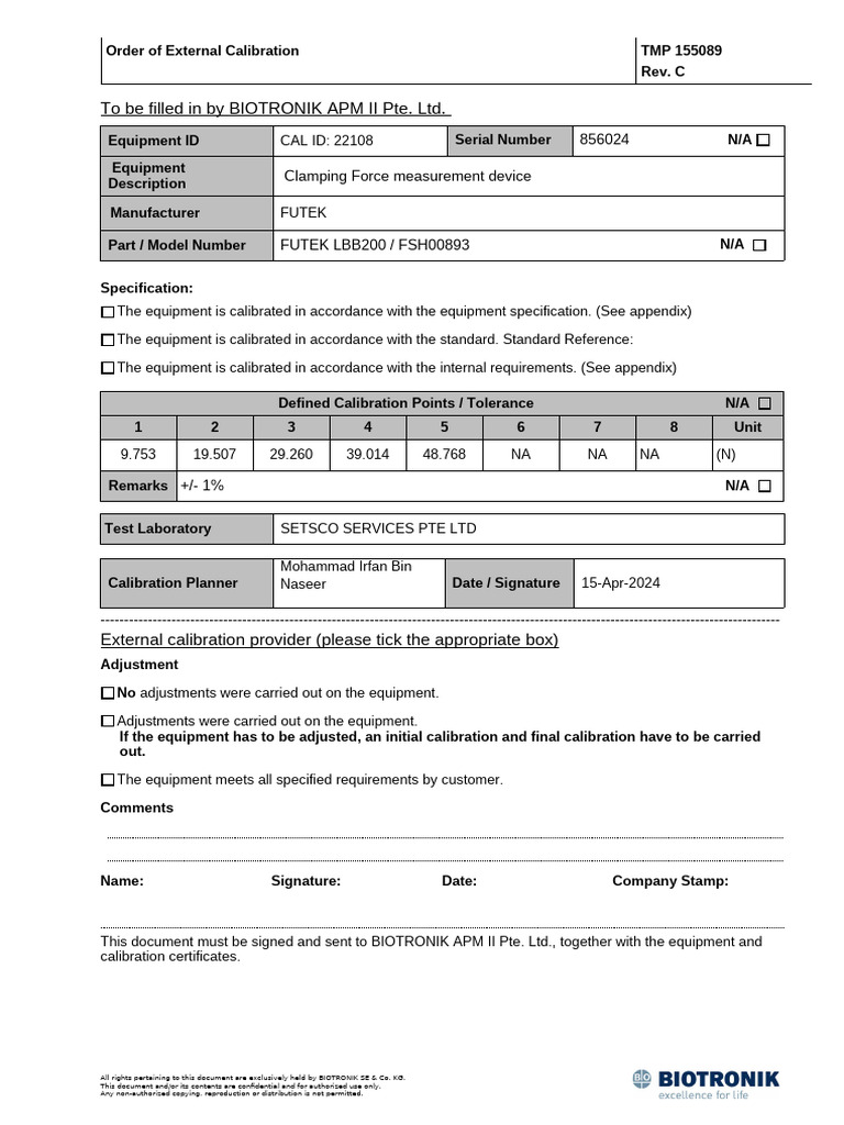 Clamping Force - External Calibration Order | PDF | Calibration