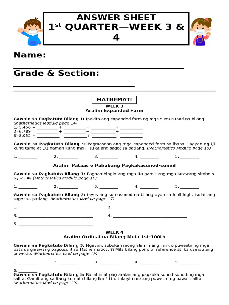 SET A Answer Sheet WEEK 3 4 | PDF