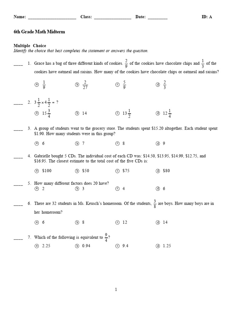 2014 6th grade midterm | PDF | Multiplication | Numbers
