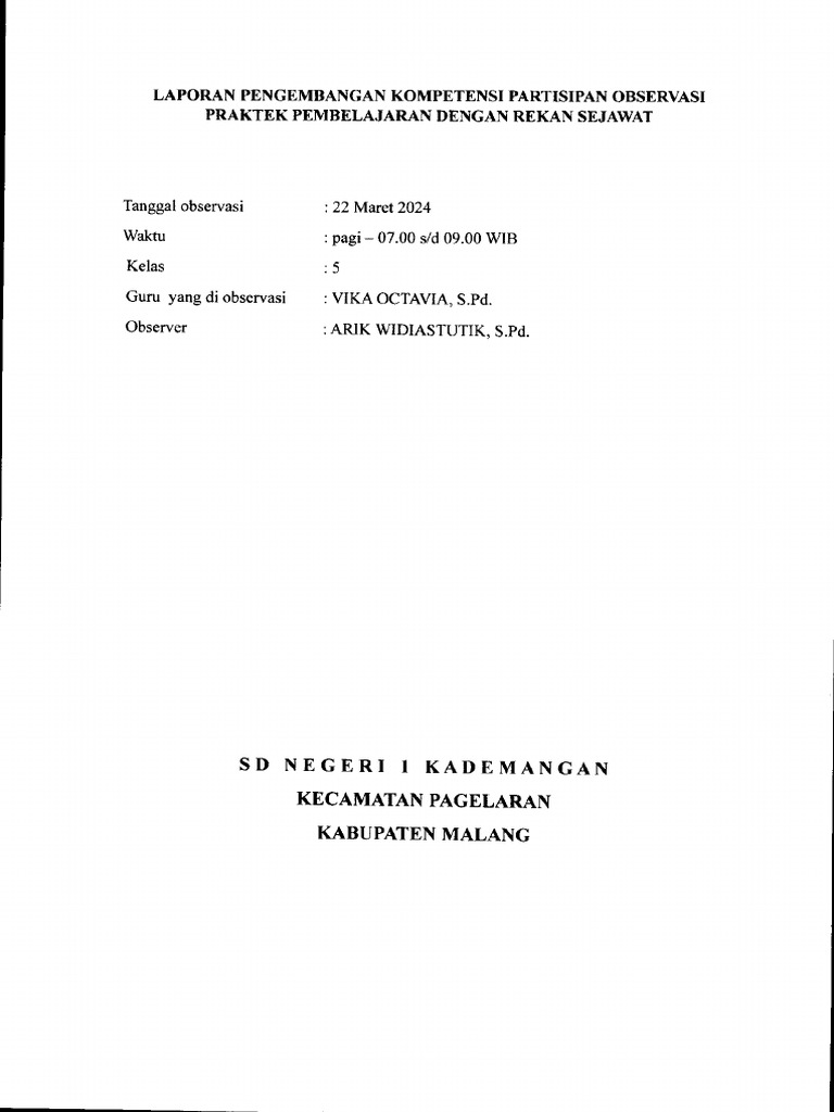 Laporan Sejawat Observasi-Arik Ke Bu Vika | PDF