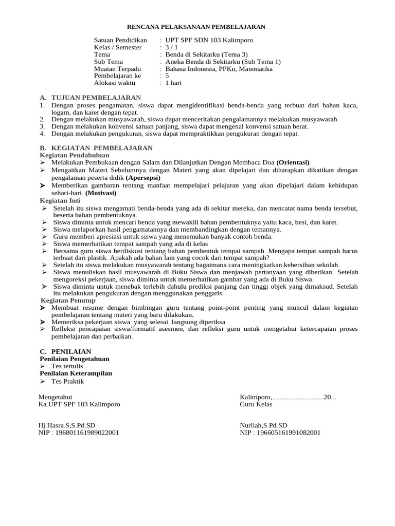 rpp satu lembar format | PDF