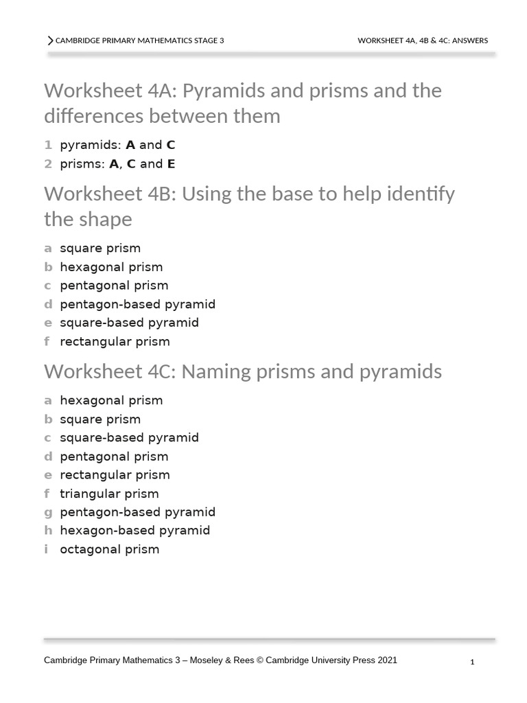 Pyramids and Prisms Worksheet Answers | PDF
