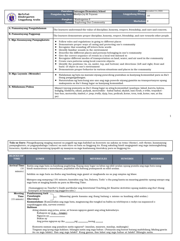 DLL Kindergarten Q2 W8 | PDF