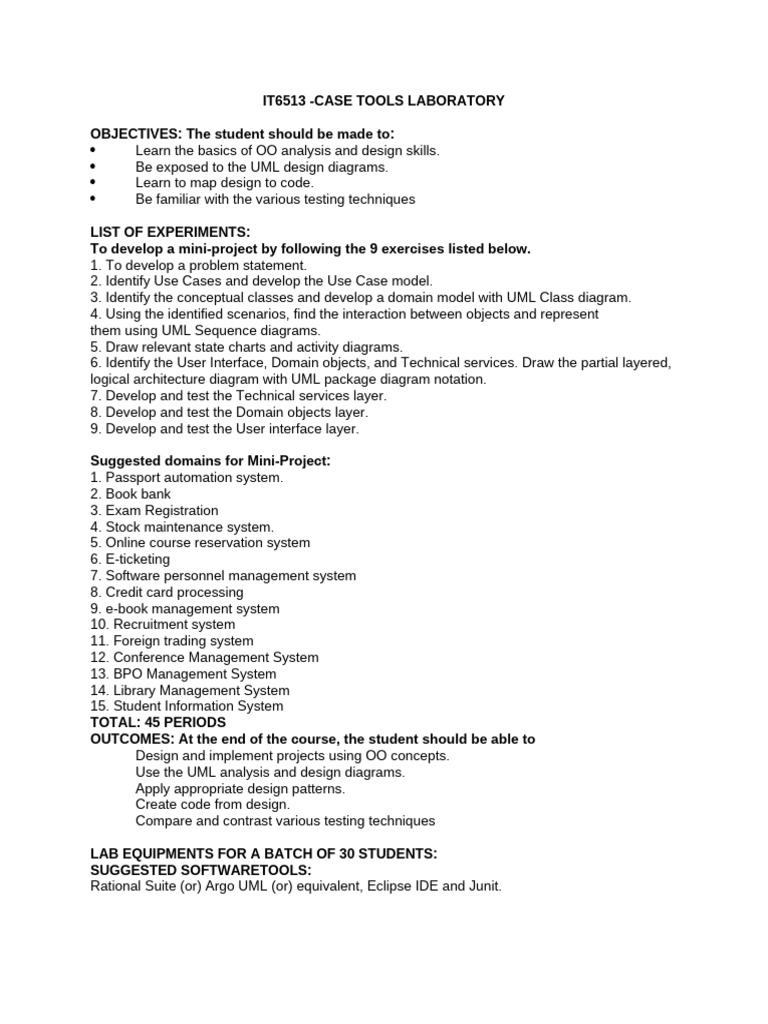 IT6513 CASE TOOLS LABORATORY & Ooad Syllabuses | PDF | Use Case ...