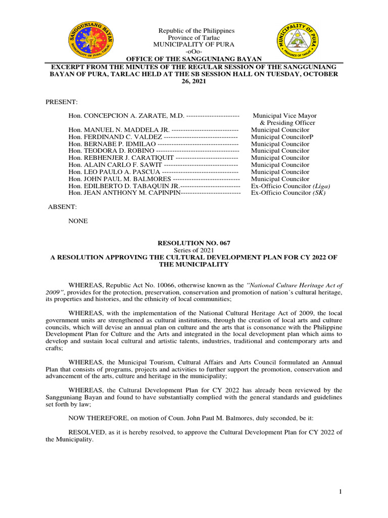Resolution No 067 Series of 2021 (Cultural Development Plan 2022) | PDF ...