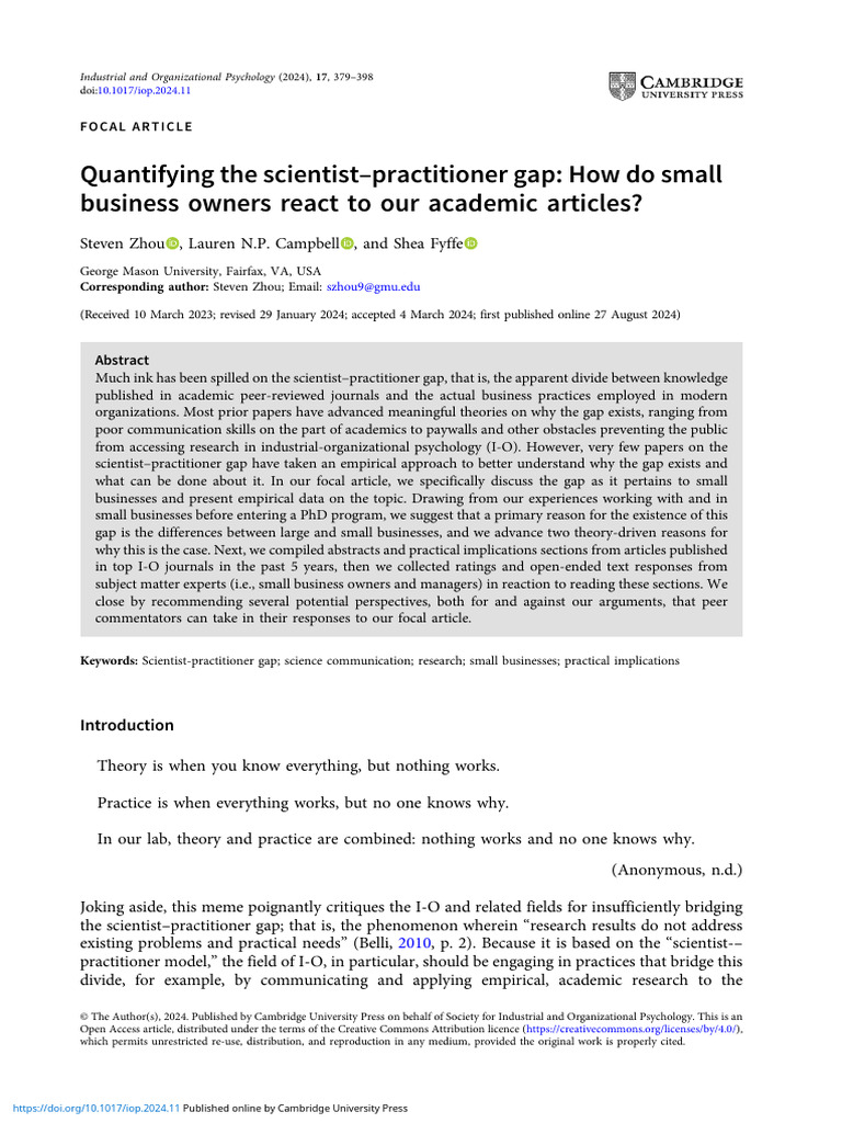 Quantifying The Scientistpractitioner Gap How Do Small Business Owners React To Our Academic ...