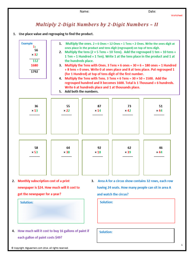 Multiply 2 Digit Numbers by 2 Digit Numbers - II | PDF | Arithmetic ...