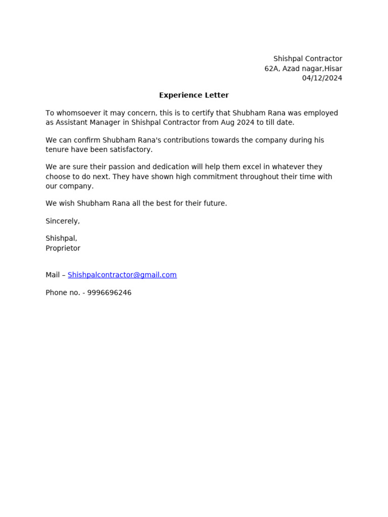 Experience Letter for Shubham Rana | PDF
